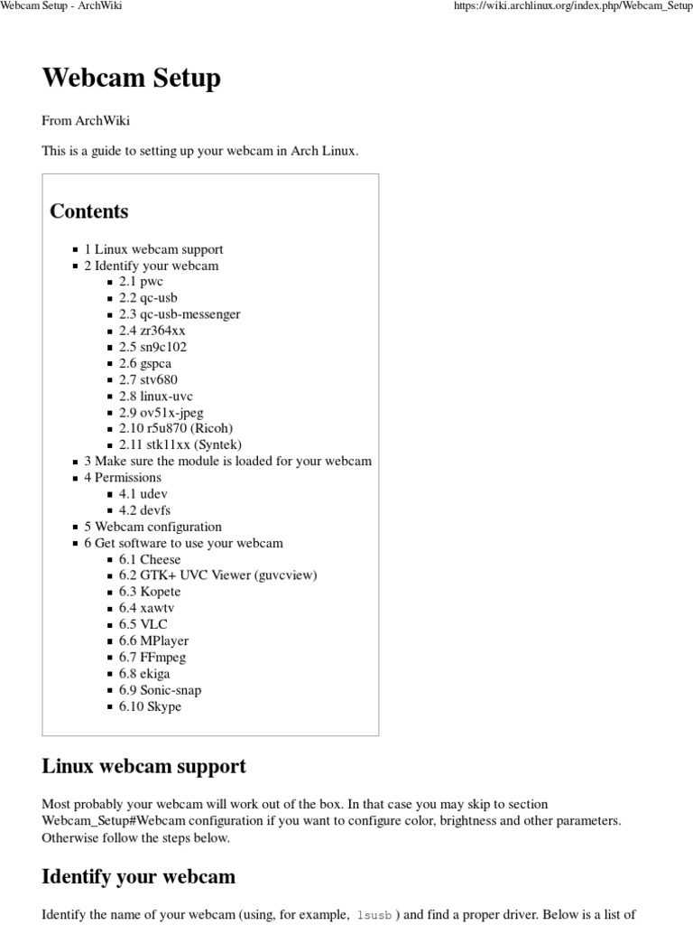 Webcam Setup - ArchWiki PDF | PDF | Device Driver | Computer Architecture