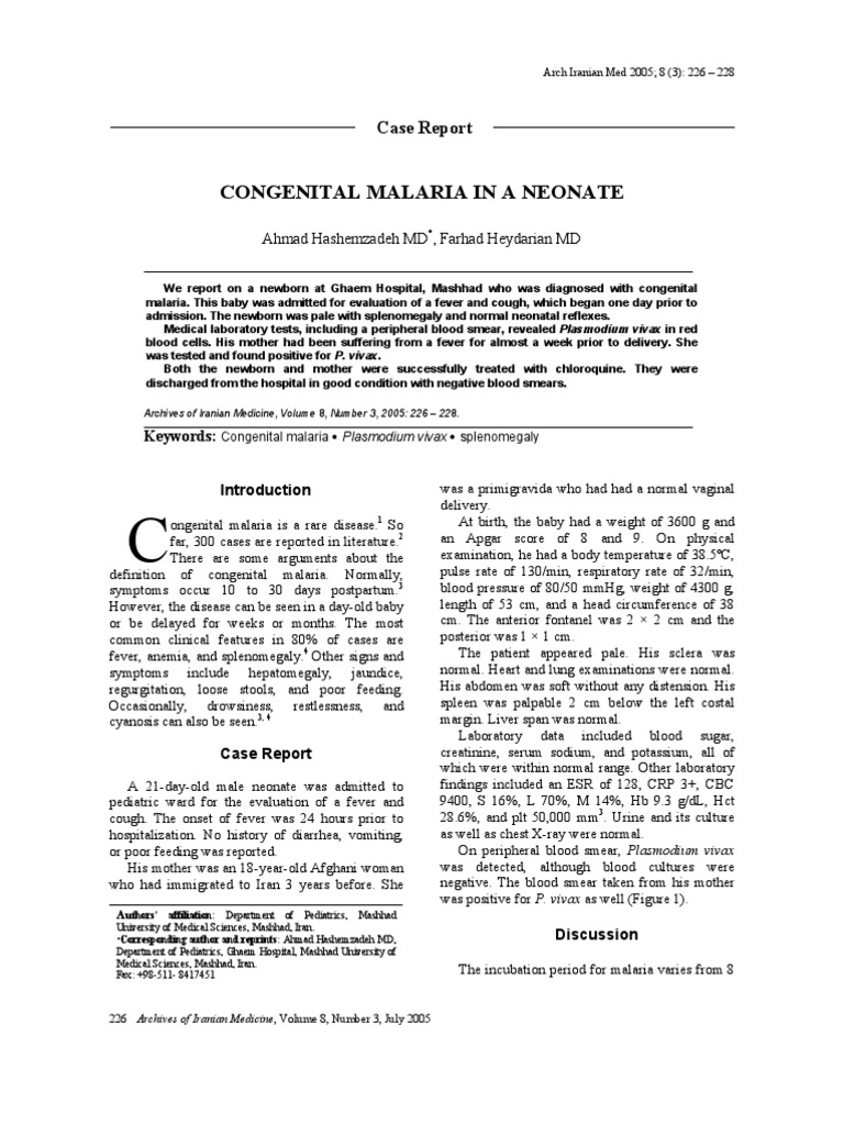 Congenital Malaria in A Neonate: Case Report | PDF | Malaria | Anemia