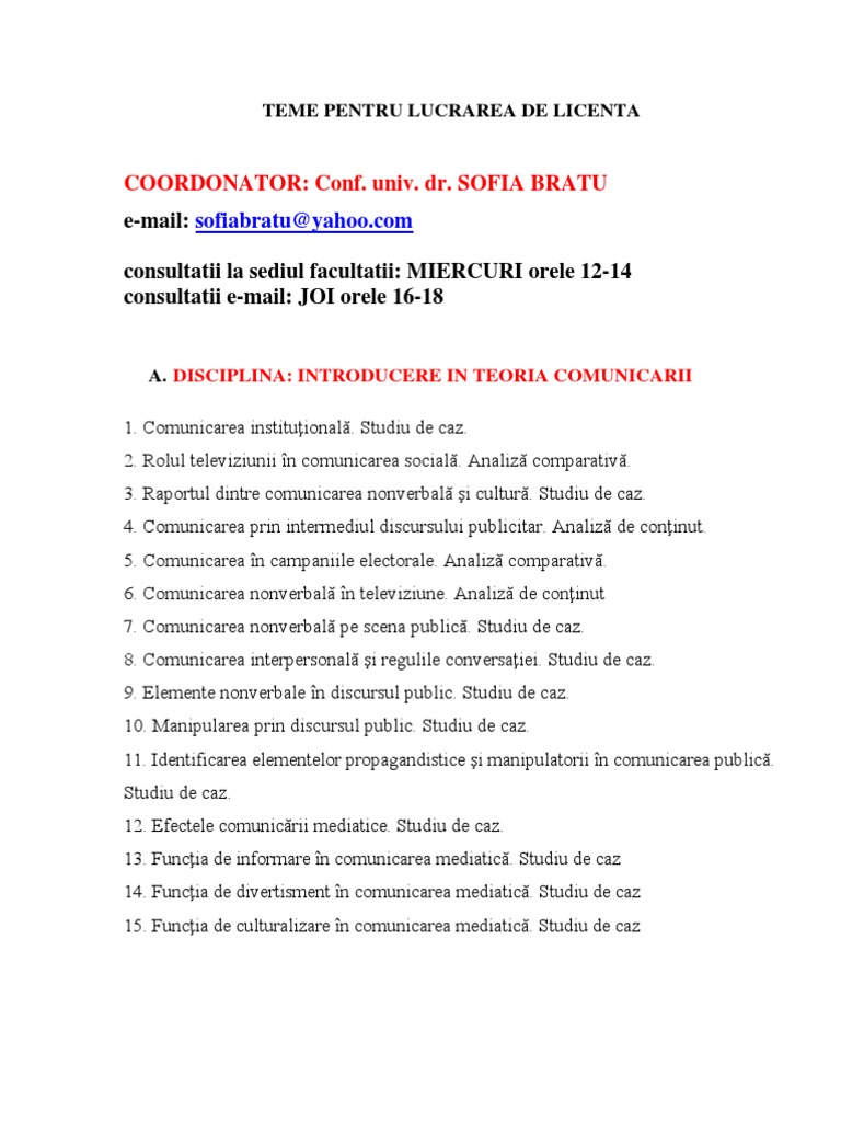 Tematica Pentru Lucrarea de Licenta | PDF