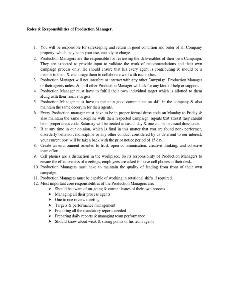 Production Manager Roles & Duties | PDF | Career & Growth | Finance ...