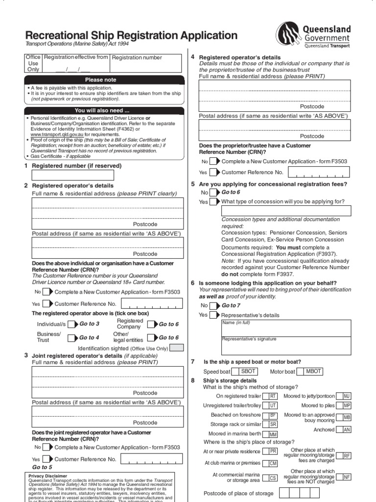 Recreational Ship Registration Application | Identity Document | Industries