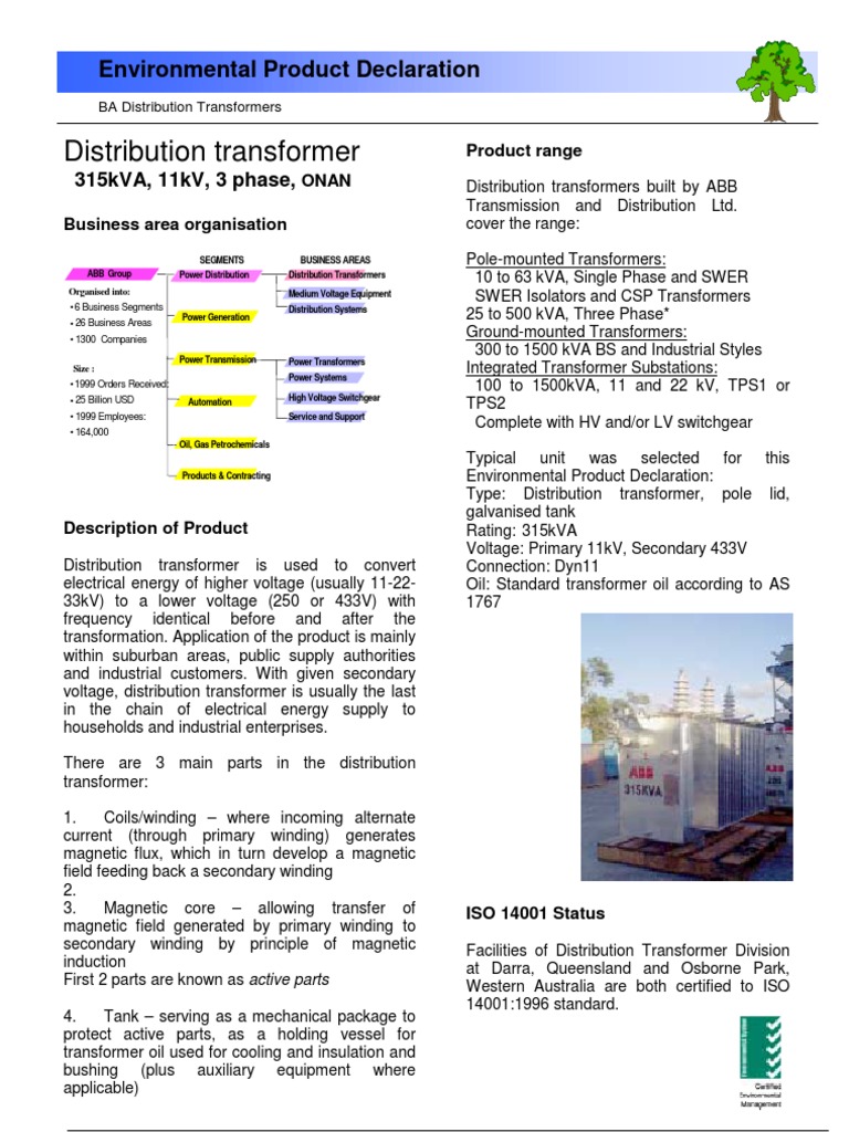 Distribution Transformer: Environmental Product Declaration | PDF ...
