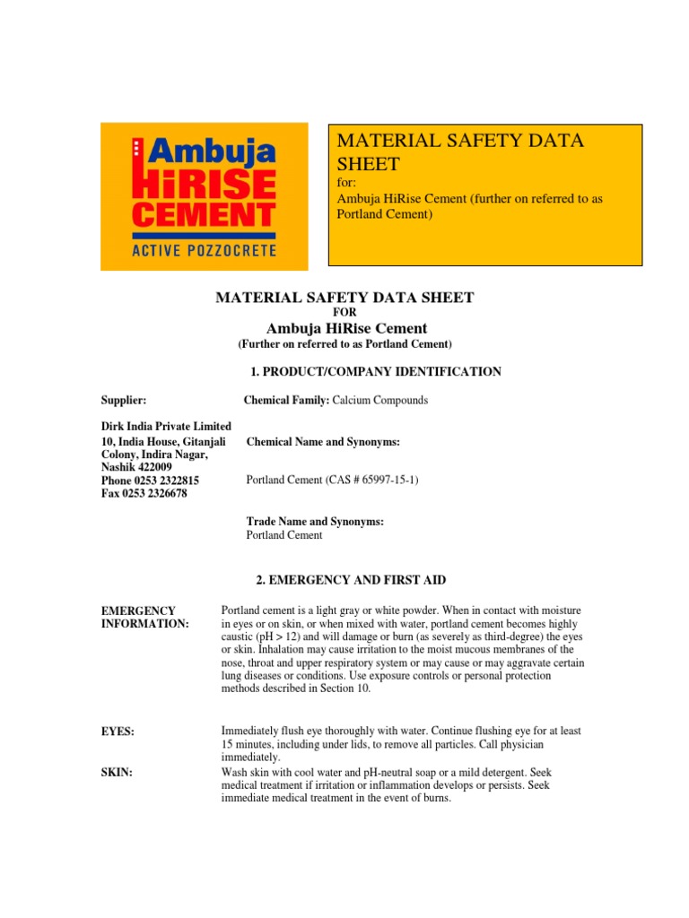Material Safety Data Sheet Ambuja Hirise Cement | PDF