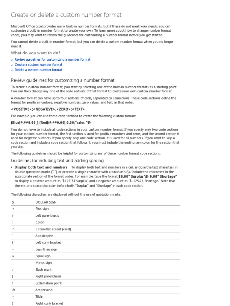 Create or Delete A Custom Number Format - Excel - Office PDF | PDF ...