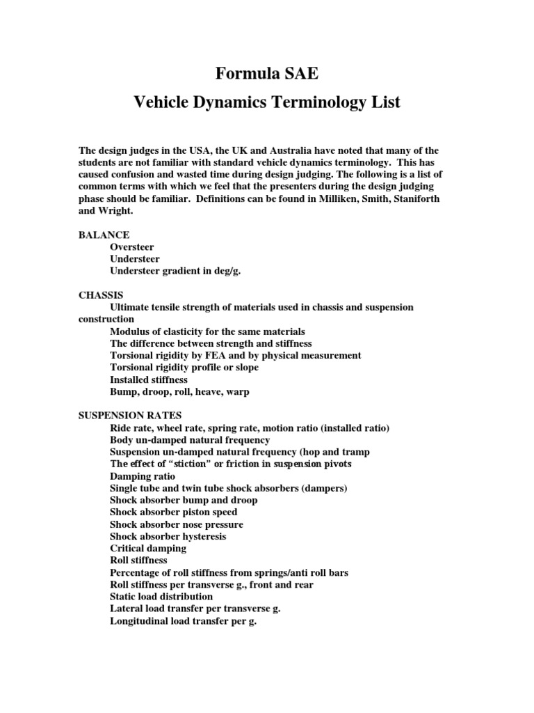 Basic Vehicle Dynamics Terminology | PDF | Suspension (Vehicle) | Steering