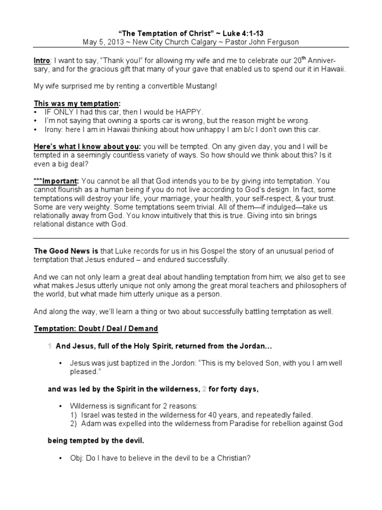 PDF Sermon Notes - The Temptation of Christ (Luke 4.1-13) | PDF | Devil ...