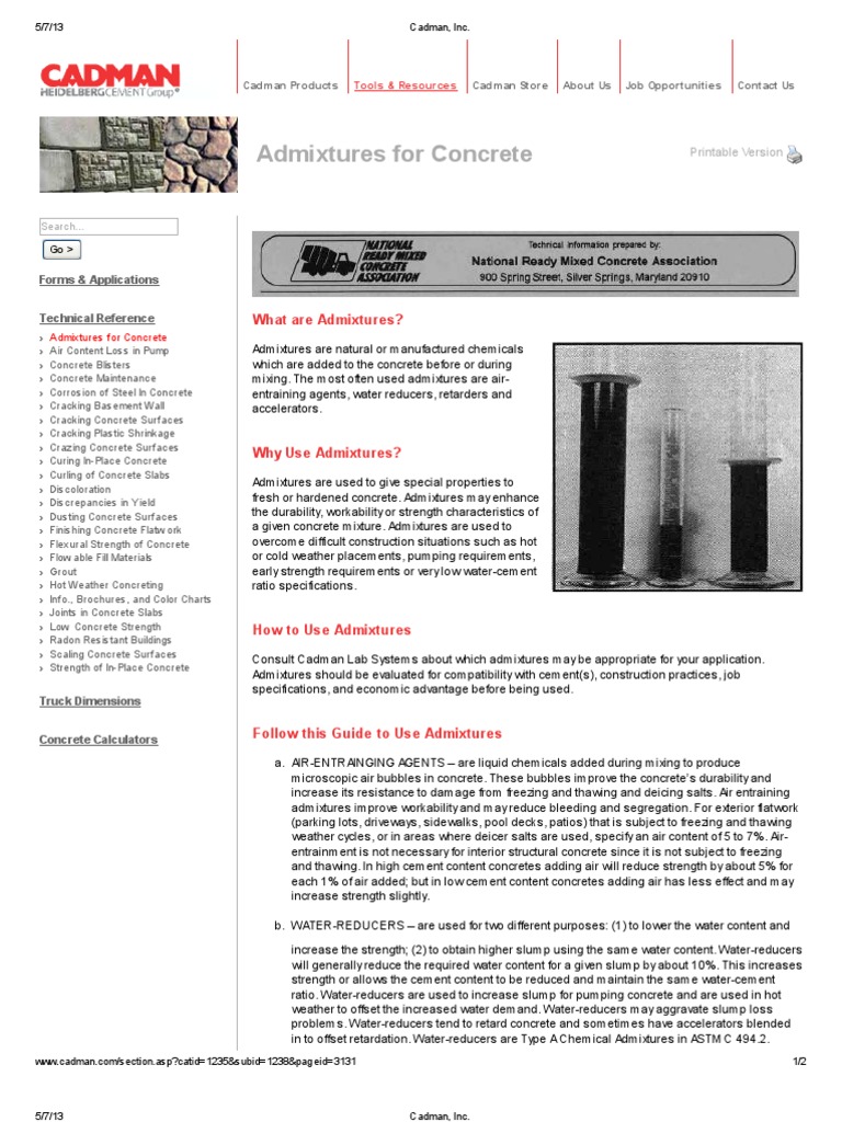 Cadman, Inc Admixtures | PDF | Concrete | Manmade Materials