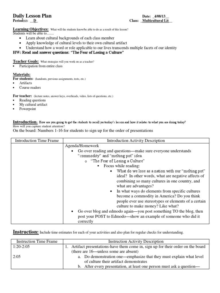 Multicultural Literature Lesson Plan | PDF | Lesson Plan | Applied ...