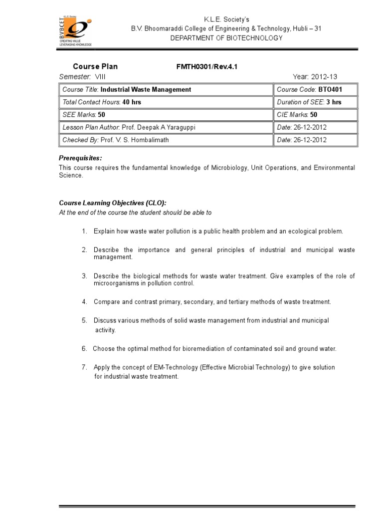 Lesson Plan Industrial Waste MGT | PDF | Wastewater | Sewage Treatment