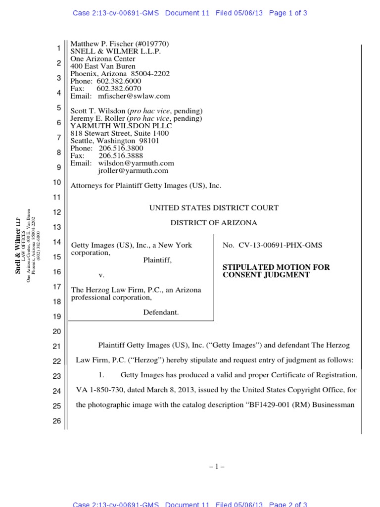 Motion for Consent Judgment. Getty Images (US), Inc. V. The Herzog Law ...