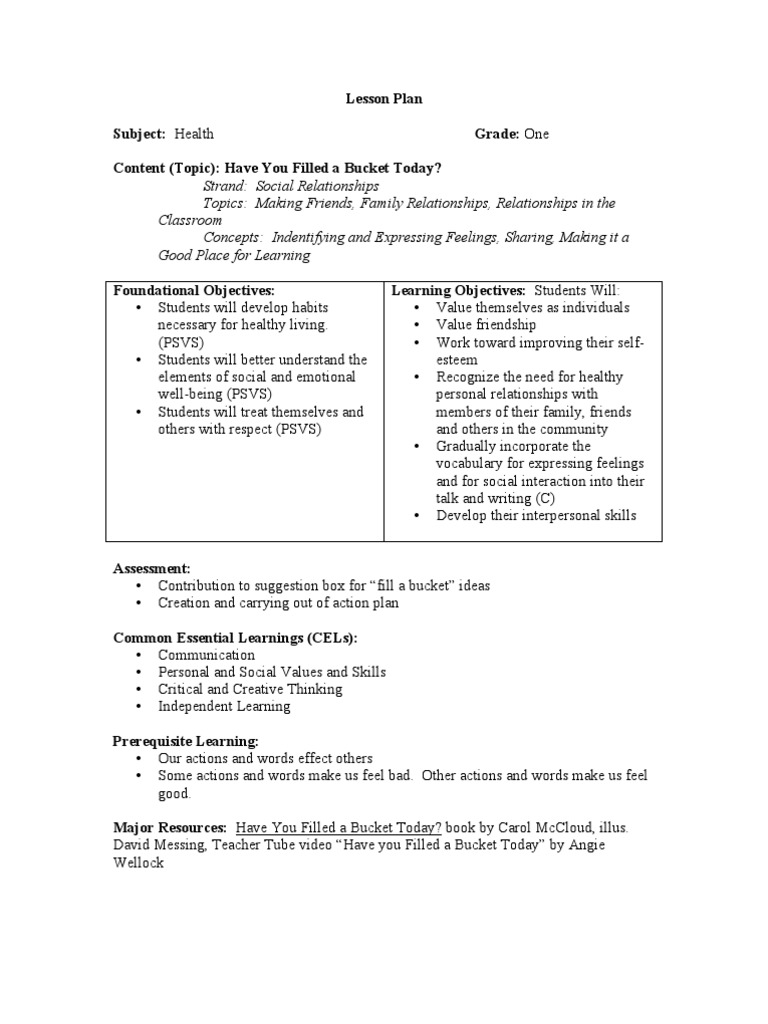 Have You Filled A Bucket? | PDF | Lesson Plan | Friendship