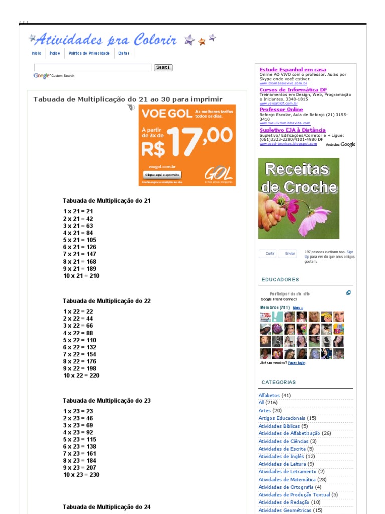 Tabuada de Multiplicação do 21 ao 30 para imprimir _ Atividades pra colorir