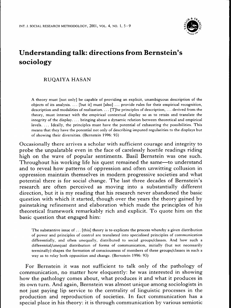 Understanding Talk: Directions From Bernstein's Sociology | PDF