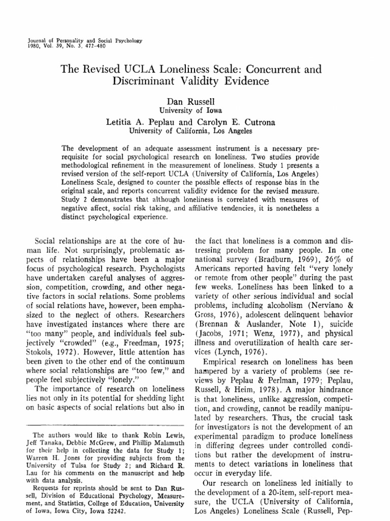 Loneliness Scale | Download Free PDF | Loneliness | Validity (Statistics)