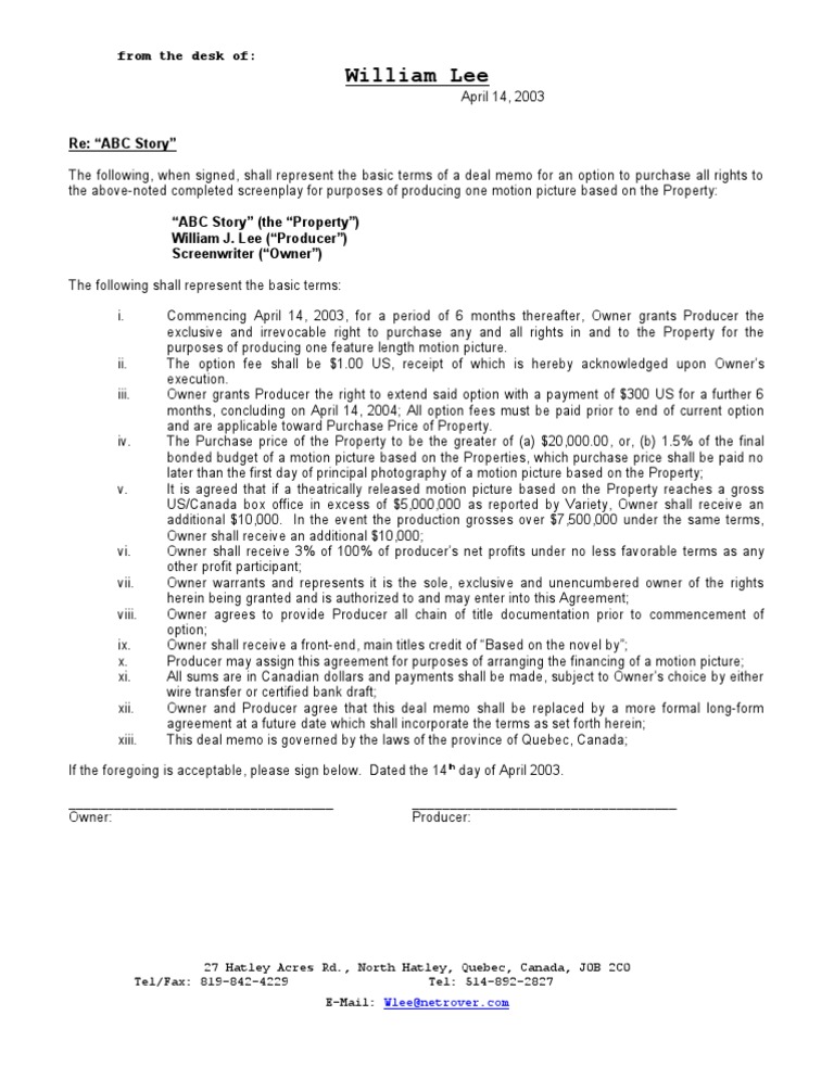 One Page Sample Option Agreement | PDF | Screenplay | Option (Finance)