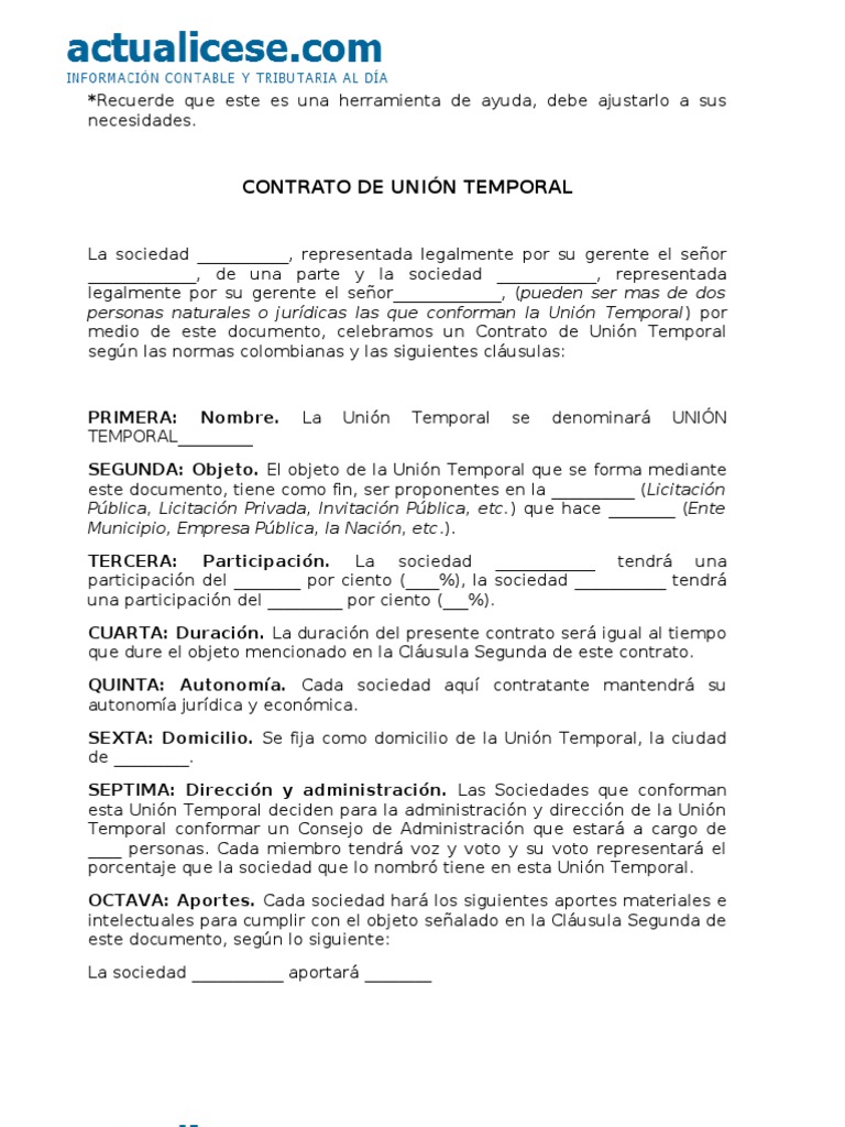 Modelo de Contrato de Unión Temporal | PDF | Liquidación | Gobierno