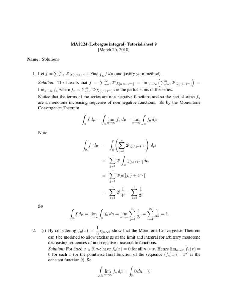 Tut 9 Soln | PDF | Series (Mathematics) | Lebesgue Integration