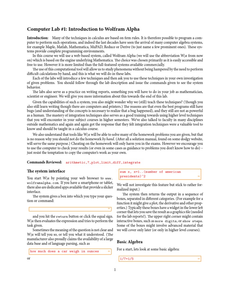 Computer Lab #1: Introduction To Wolfram Alpha | PDF | Sine | Pi