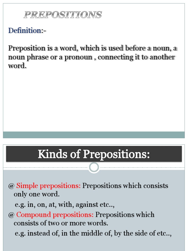 Prepositions | PDF | Preposition And Postposition | Noun