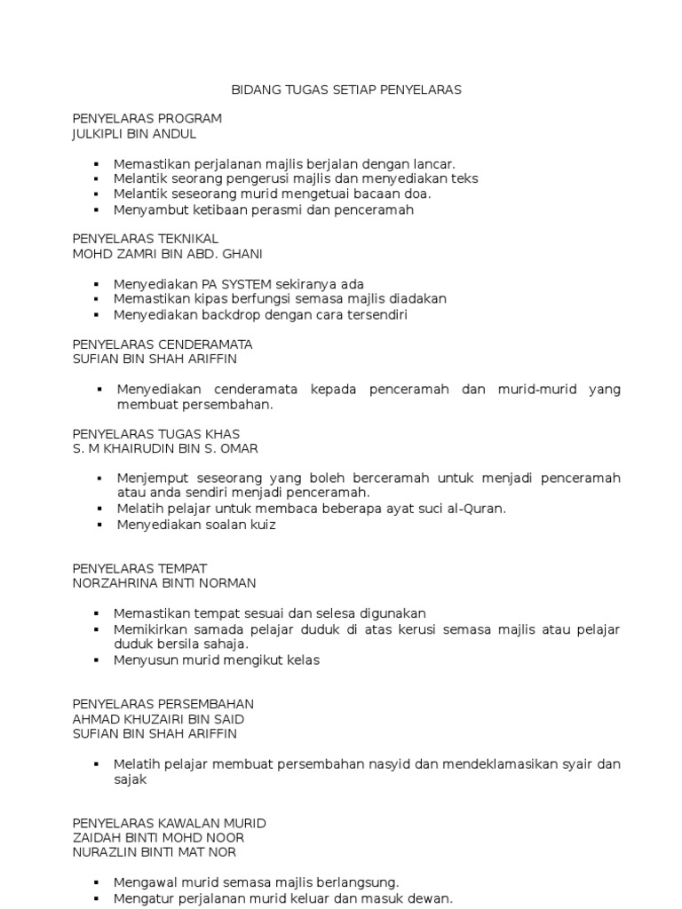 Bidang Tugas Setiap Penyelaras | PDF
