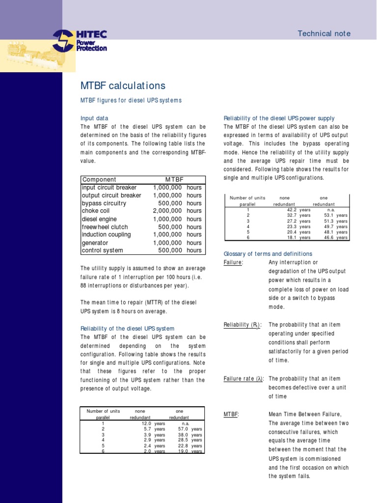 MTBF Calculations: MTBF Figures For Diesel UPS Systems | PDF | Reliability Engineering | Engineering