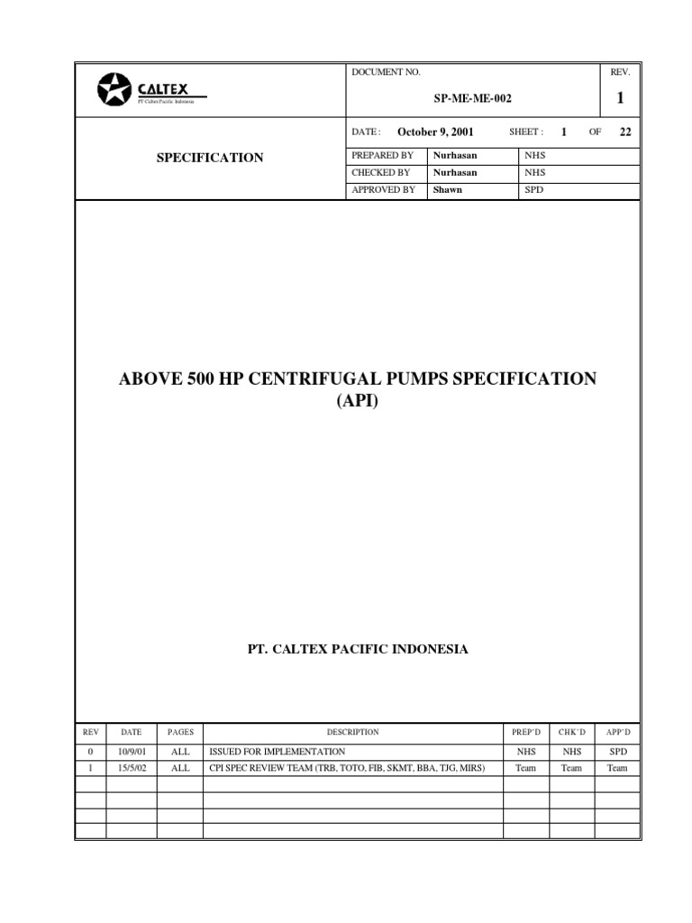 Above 500 HP Centrifugal Pumps Specification (API) | Download Free PDF ...