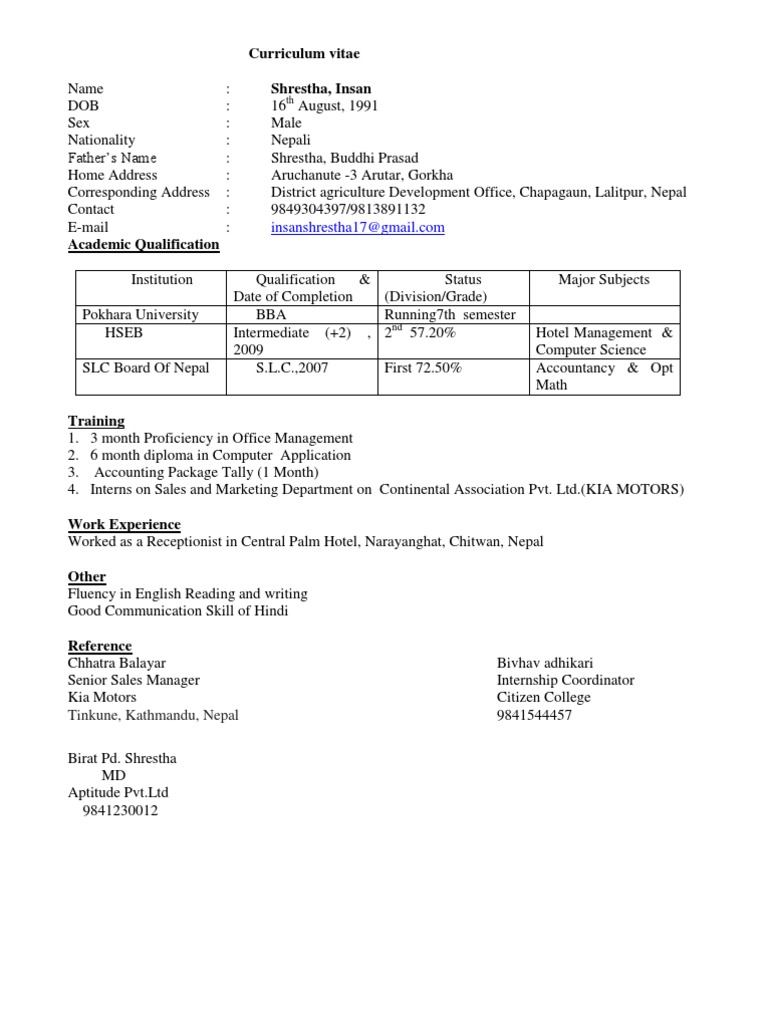 Nepali CV: Insan Shrestha's Profile | PDF