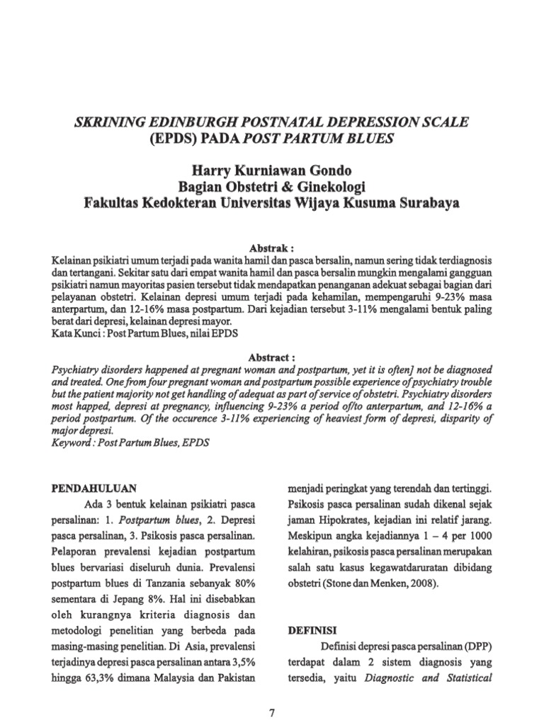 Skrining Edinburgh Postnatal Depression Scale (Epds) Pada Post Partum ...