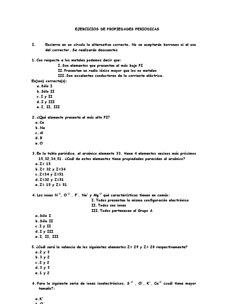 Ejercicios de Propiedades Periodicas | Elementos químicos | Tabla periódica