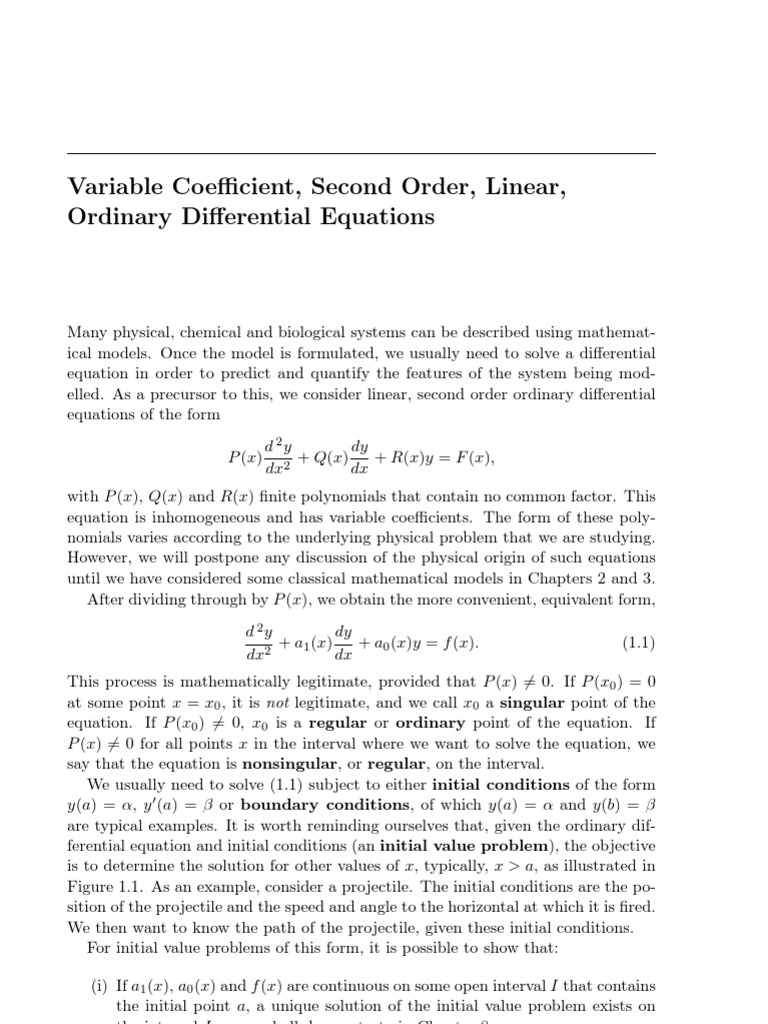 Variable Coe Cient, Second Order, Linear, Ordinary Differential Equations | PDF | Ordinary ...