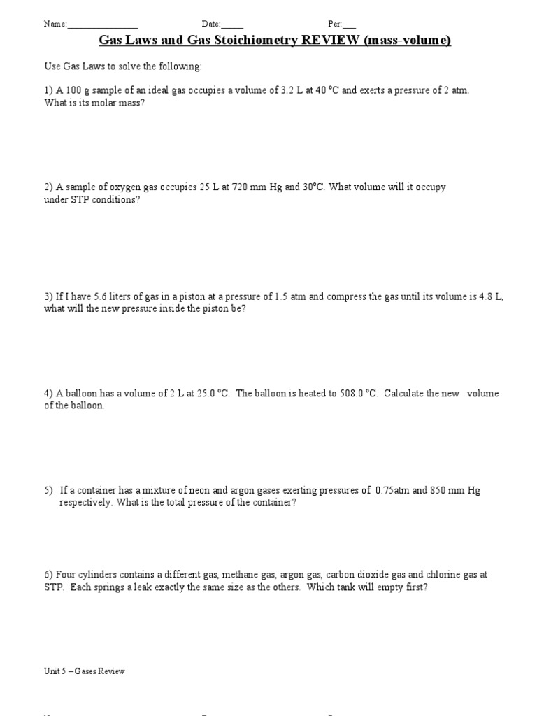Gas Laws and Stoichiometry Review | PDF | Gases | Stoichiometry