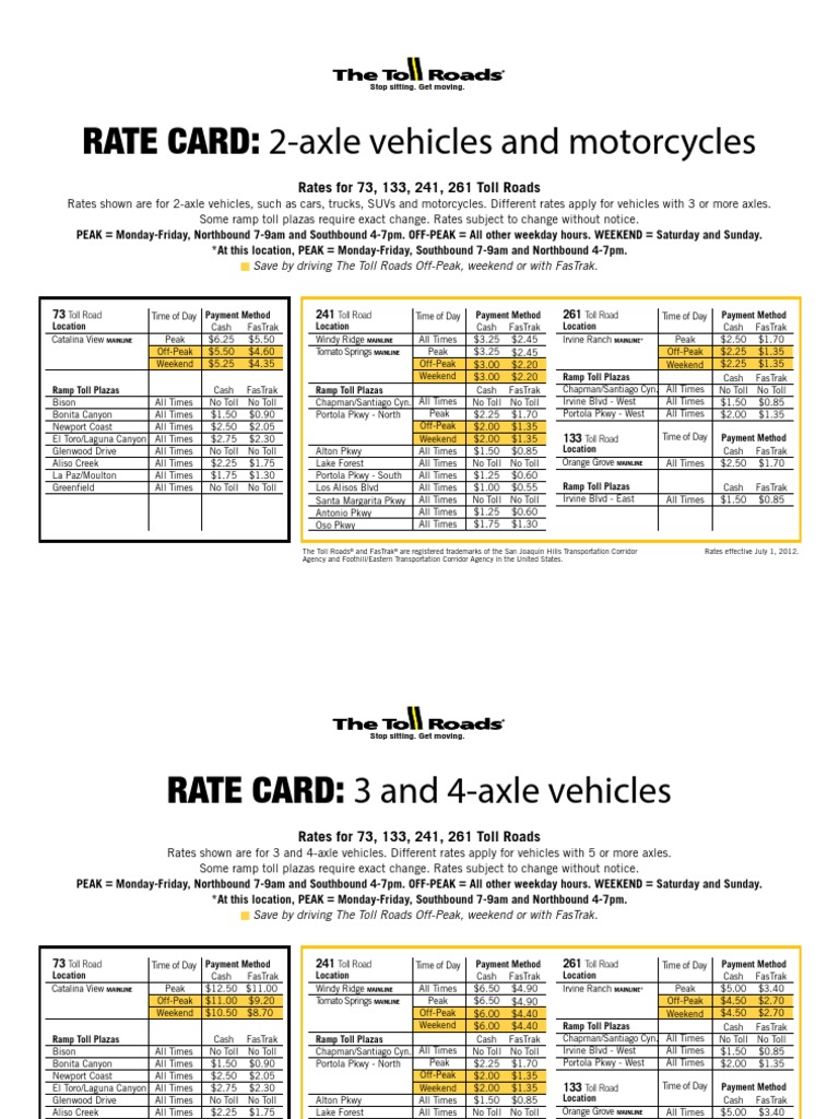 RATE CARD: 2-Axle Vehicles and Motorcycles: Rates For 73, 133, 241, 261 ...