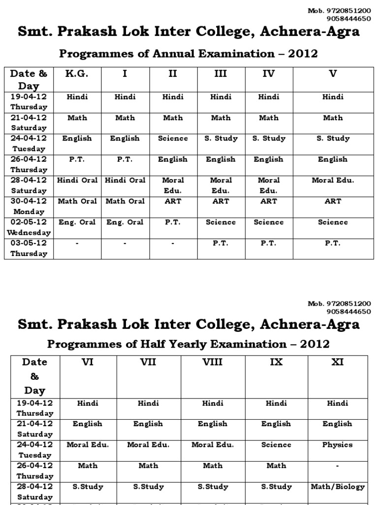 Smt. Prakash Lok Inter College, Achnera-Agra: Programmes of Annual Examination - 2012 | PDF