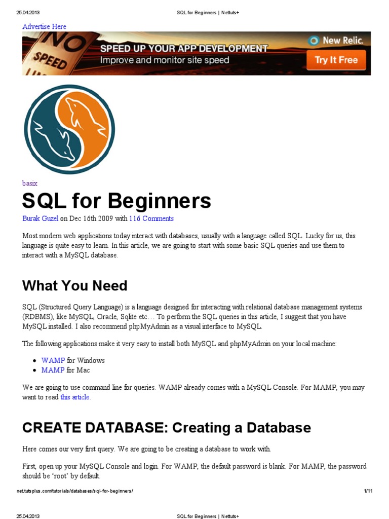 SQL For Beginners - Nettuts | PDF | Table (Database) | Databases