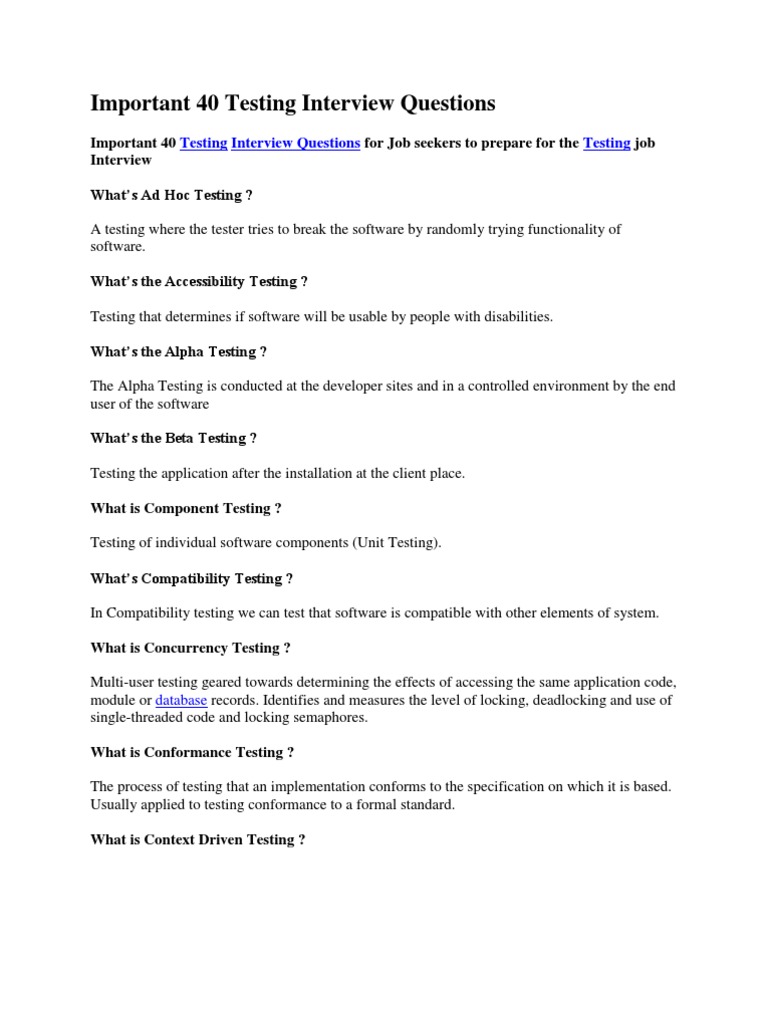 Testing Interview Questions Testing | PDF | Software Testing | Software ...