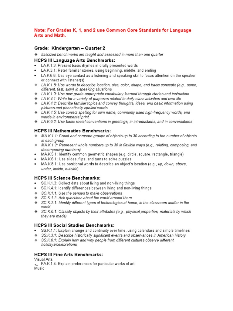 Grade: Kindergarten - Quarter 2 HCPS III Language Arts Benchmarks | PDF ...