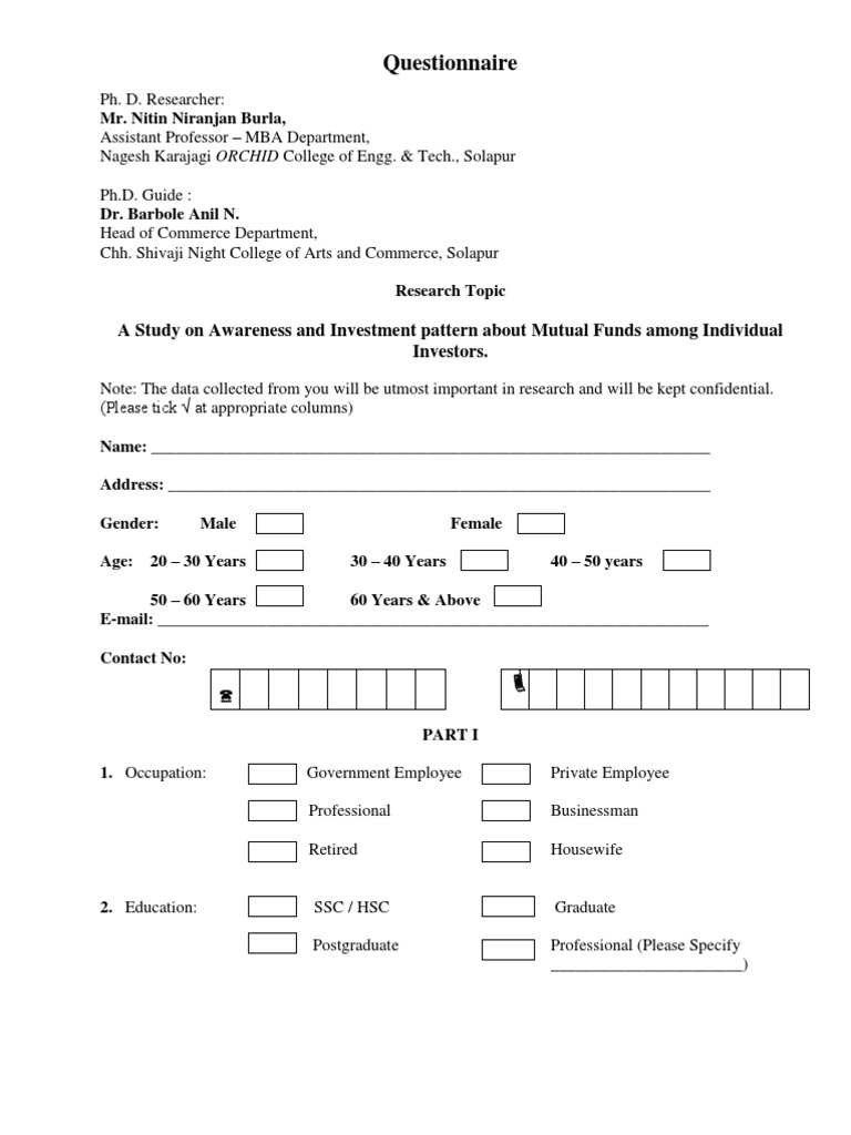 Questionnaire for Investors363 | Mutual Funds | Investing
