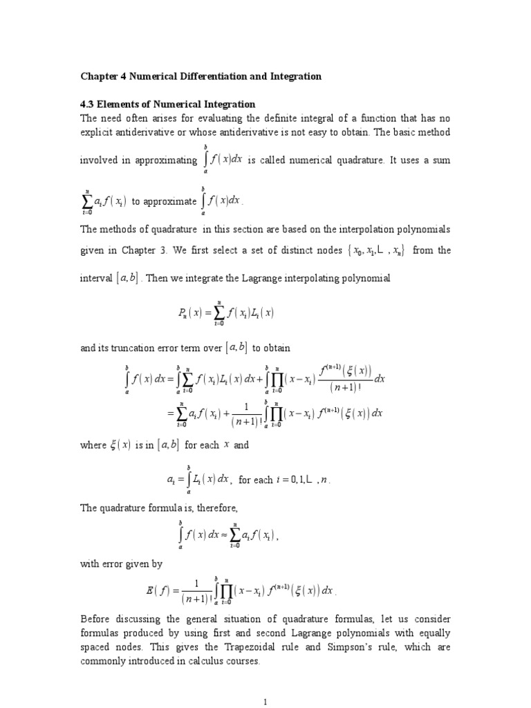 Chapter 4 Numerical Differentiation And Integration 4 3 Elements Of Numerical Integration Pdf