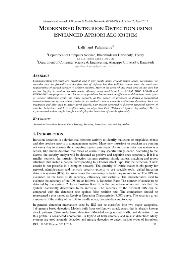 Modernized Intrusion Detection Using Enhanced Apriori Algorithm Pdf Receiver Operating