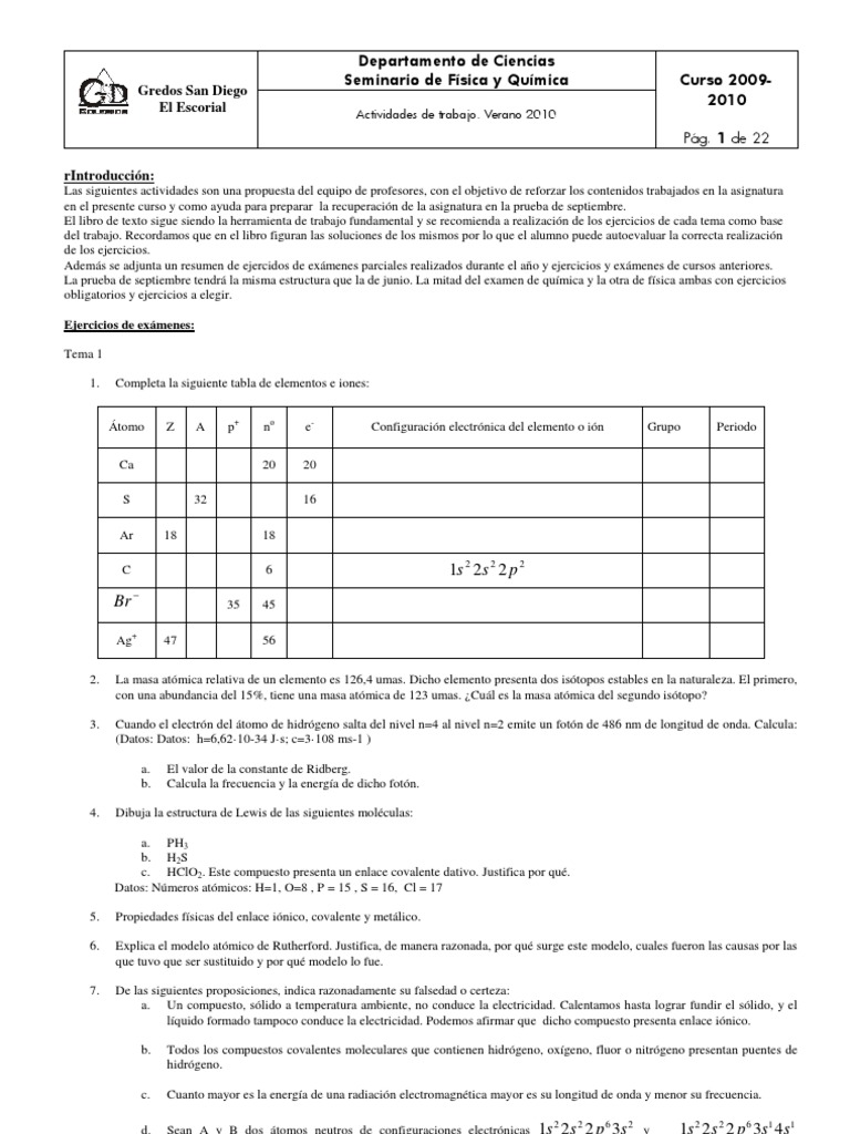 Ejercicios Fisica y Quimica 1º Bachiller | PDF | Enlace químico | Ácido clorhídrico
