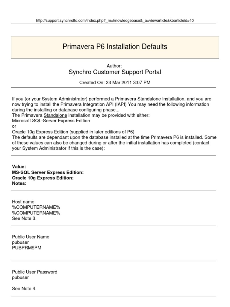 Primavera P6 Installation Defaults Guide | PDF