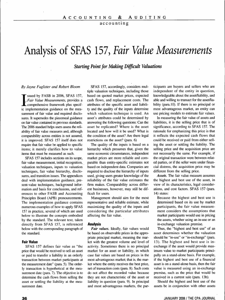 Analysis of SFAS 157, Fair Value Measurements: Starting Point For ...