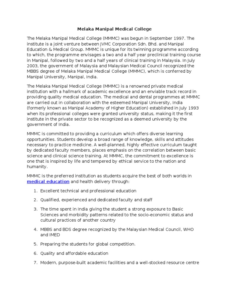 Melaka Manipal Medical College | PDF | Medical Education | Dental Degree