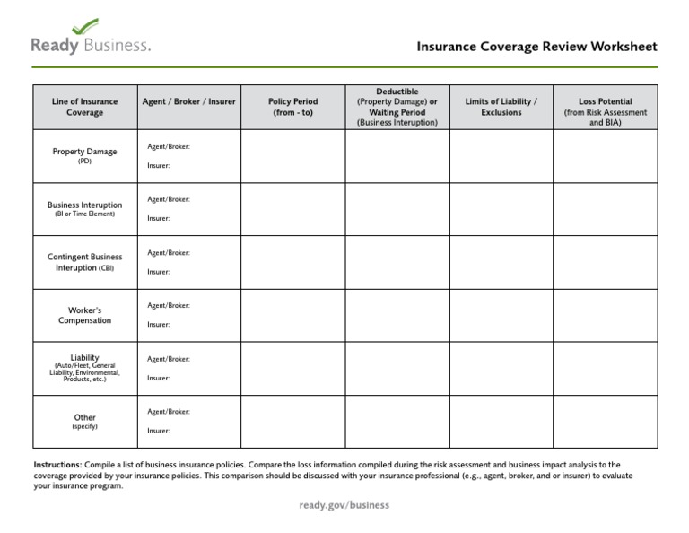 Insurance Coverage Review Worksheet: Agent/Broker: (PD) Insurer | PDF