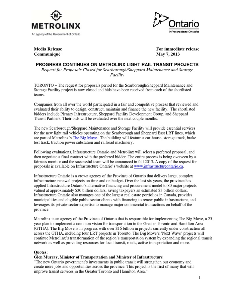 Media Release For Immediate Release Communiqué May 7, 2013 Progress Continues On Metrolinx Light ...