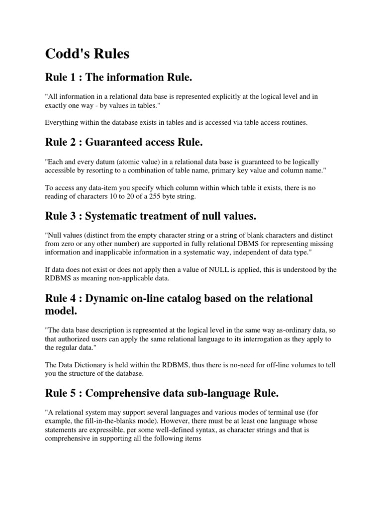 Codd's 12 Rules for Relational Databases | PDF | Relational Model | Sql