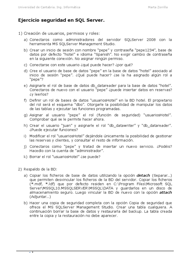 Ejercicio Seguridad en SQL Server | PDF | Servidor SQL de Microsoft | Redes de computadoras