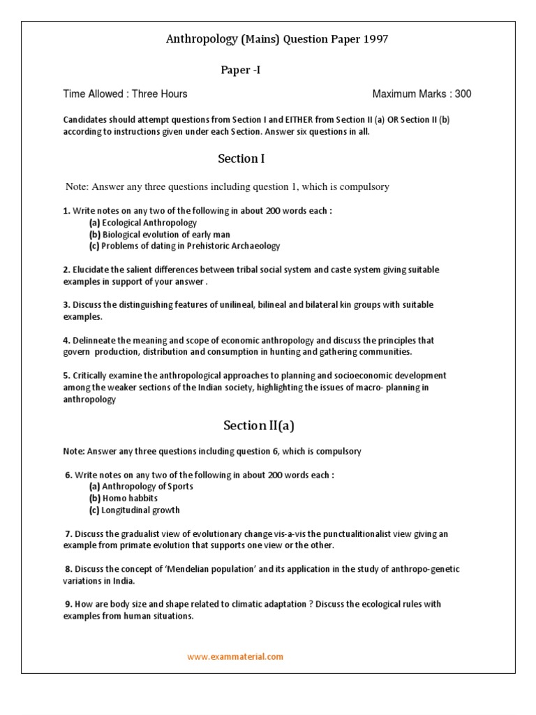 Anthropology: (Mains) Question Paper 1997 Paper - I | PDF ...
