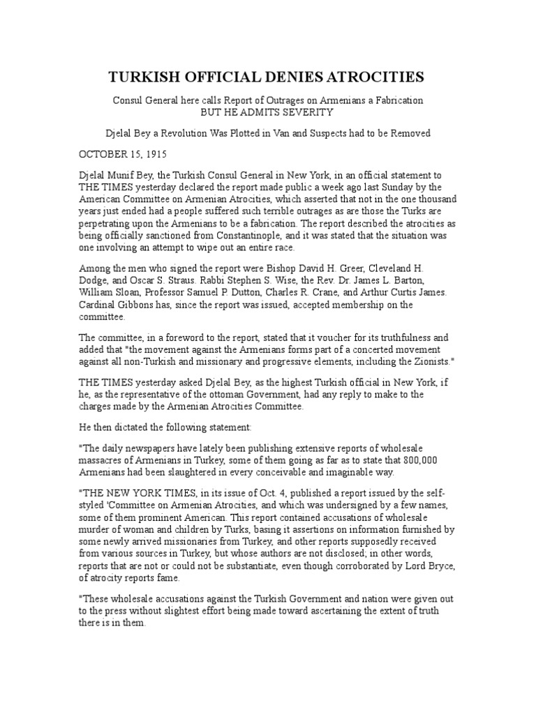 1915-10-15 Turkish Official Denies Atrocities | PDF | Turkey | Armenia