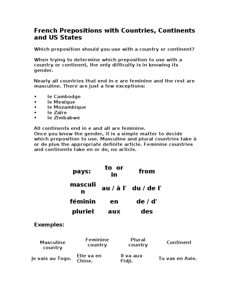 French Prepositions With Countries Continents US States | PDF ...